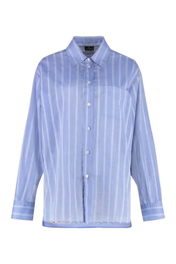 Etro Striped Cotton Shirt With Front Pocket - Light Blue