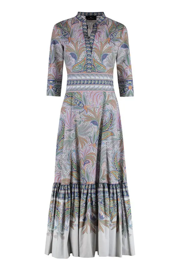 Etro Printed Cotton Midi Dress With 3/4 Sleeves - Multicolor