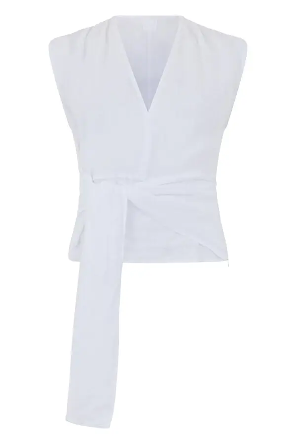 120% Lino Sleeveless V-neck Linen Blouse With Knot Tie Belt - White