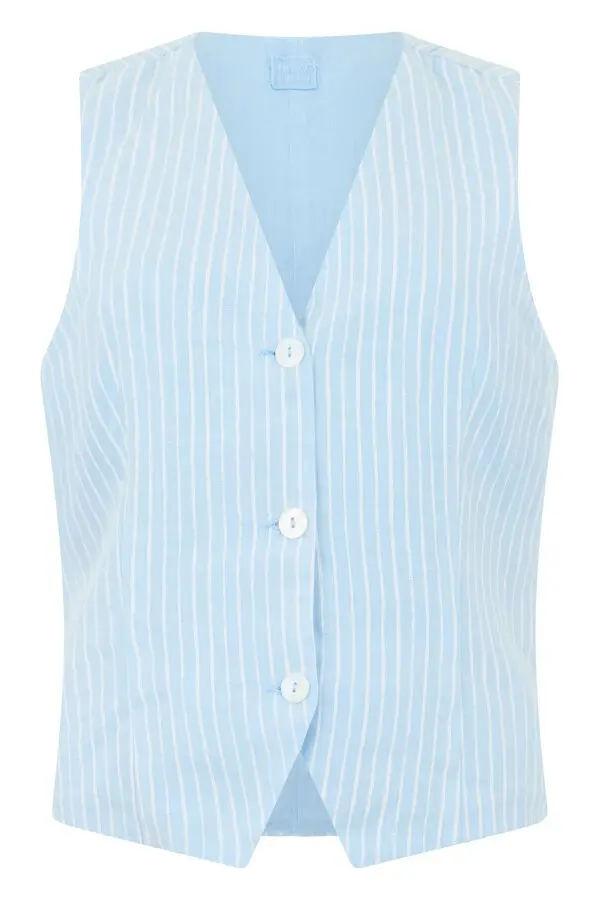 120% Lino Tailored Linen Gilet With V-neck And Button Front - Light Blue