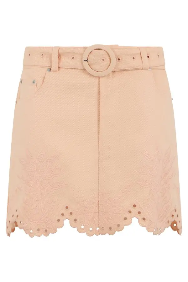 Farm Rio Pastel Short Denim Skirt With Perforations & Embroidered Hem - Pink