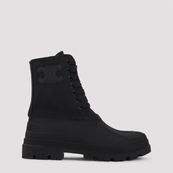 Celine Round Toe Canvas Lace-up Ankle Boots - Black