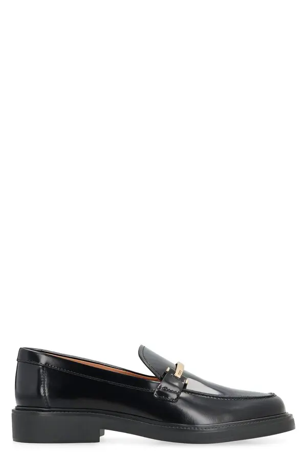 TOD'S Gold Tone Detail Leather Loafers - Black