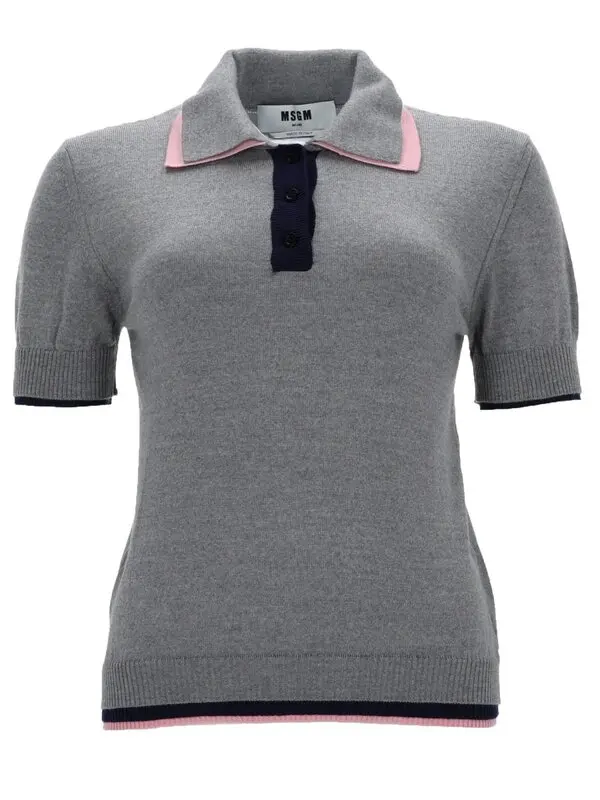 MSGM Merino Wool Short Sleeve Knit Polo Top - Grey