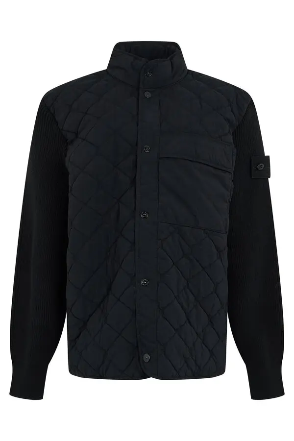 Stone Island Quilted Jacket With High Collar And Long Knitted Sleeves