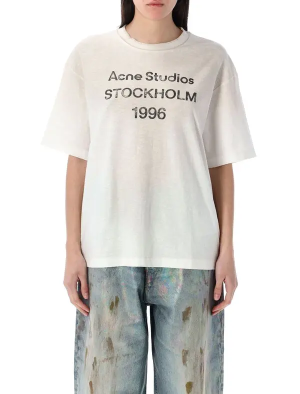 Acne Studios Sprayed Logo Organic Cotton & Hemp T-shirt With Distressed Rib Trims - Bianco