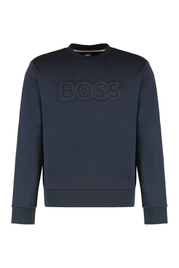 BOSS Logo-detail Cotton Sweatshirt With Ribbed Edges - Blue