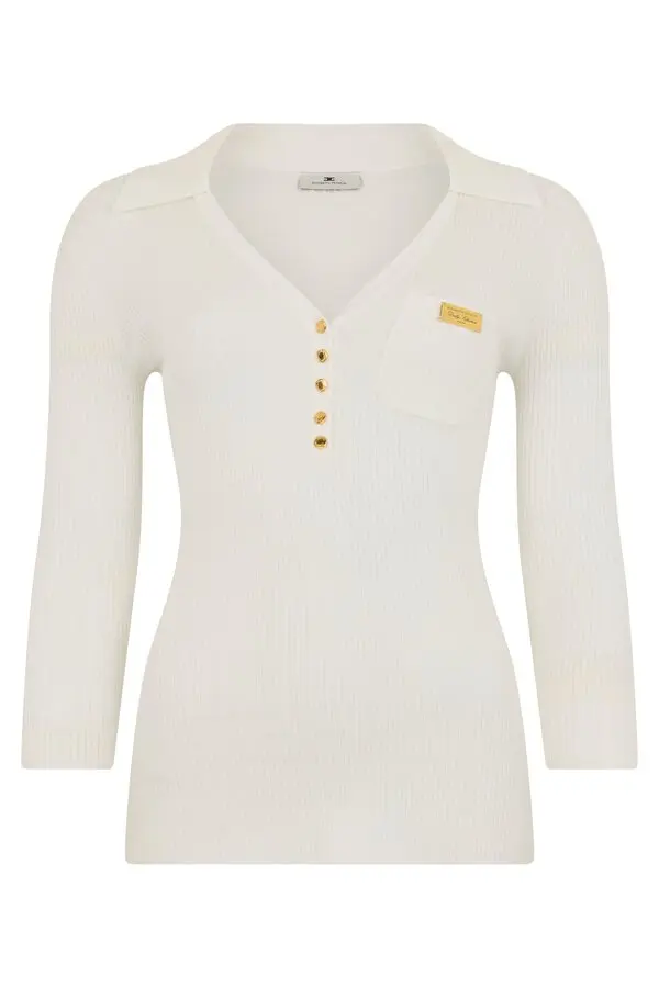 Elisabetta Franchi Slim Fit Ribbed Long-sleeve Polo Shirt With Button Placket - White