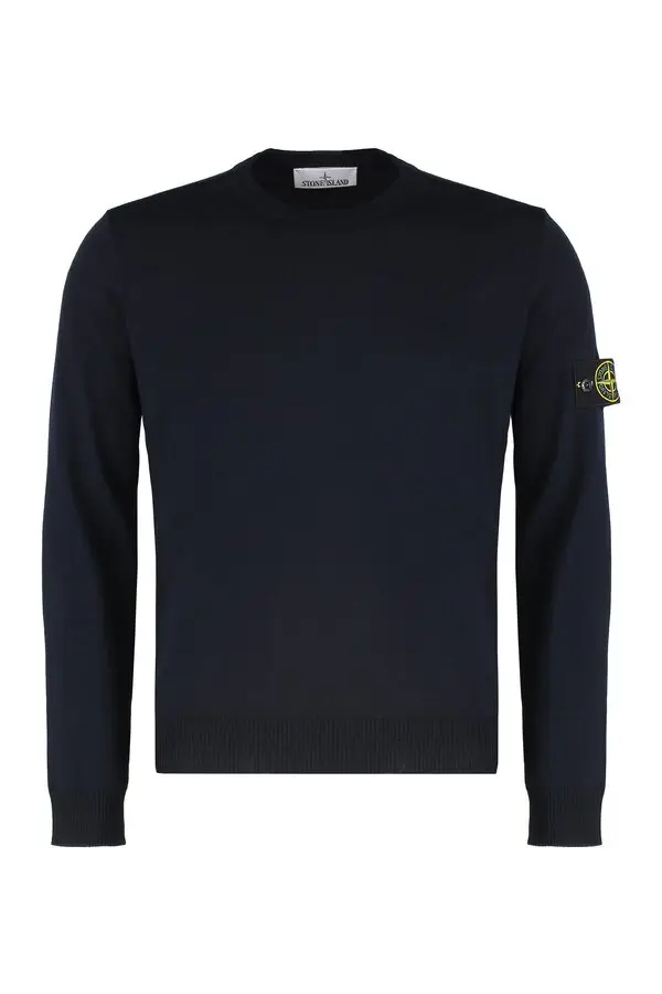 Stone Island Virgin Wool Crewneck Sweater With Removable Logo Patch - Blue