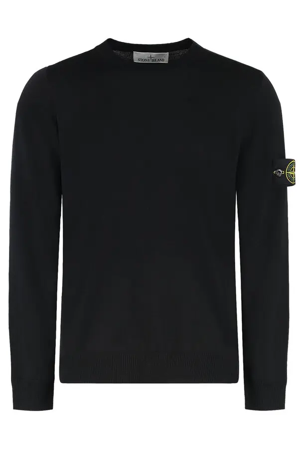 Stone Island Virgin Wool Crew-neck Sweater With Removable Logo Patch - Black