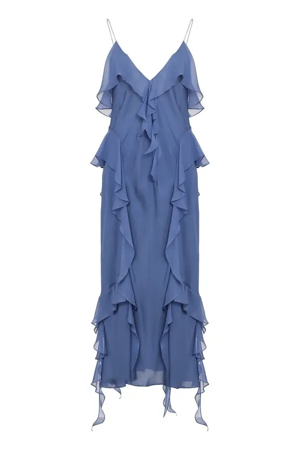 Khaite Pim Silk Ruffled Maxi Dress - Blue