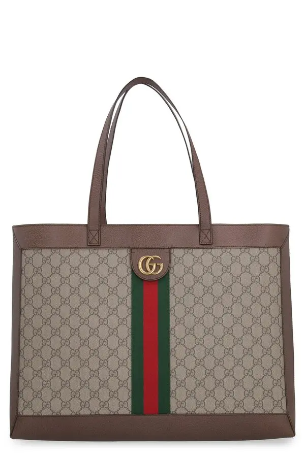 Gucci Gg Supreme Canvas Tote With Web Insert And Leather Trim - Beige