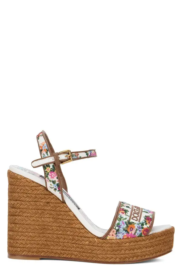 Dolce & Gabbana Majolica Print Wedge Sandals With Braided Upper And Ankle Strap - Beige