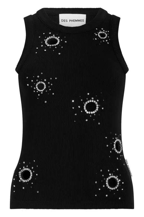 DES_PHEMMES Sleeveless Ribbed Top With Embellished Circular Cut-outs - Black