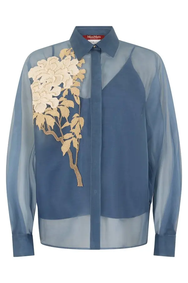 Max Mara Silk Shirt With Floral Embroidery - Blue
