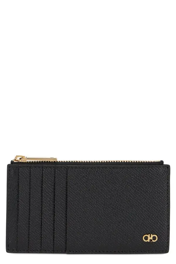 FERRAGAMO Gancini Hook Calfskin Card Holder Wallet With Bill Compartment 7 Cm X 13 Cm - Black