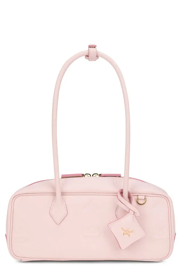 Mcm Leather Handbag With Top Handle, Rectangular Shape Charm Detail - Pink