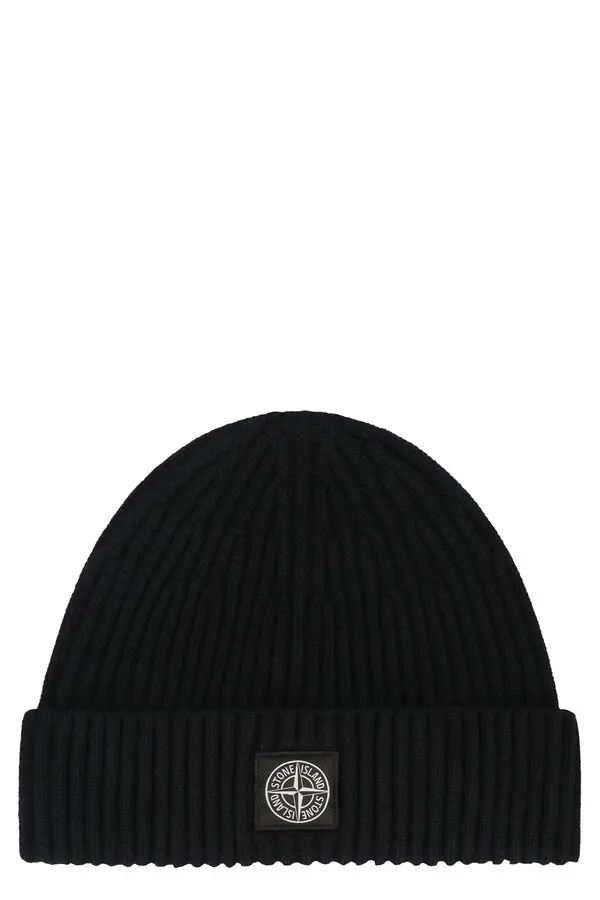 Stone Island Ribbed Virgin Wool Beanie - Black