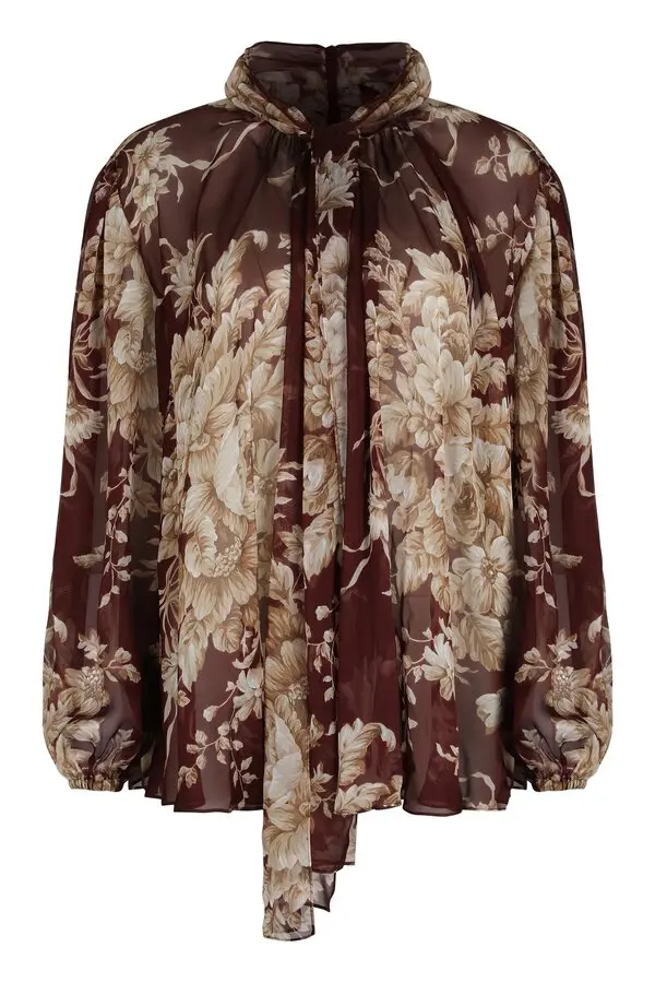 Dolce & Gabbana No Silk Chiffon Floral Blouse With Tie Neck And Wide Gathered Sleeves - Multicolor