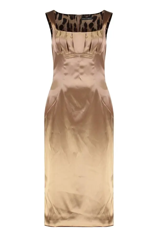 Dolce & Gabbana Stretch Satin Maxi Dress With Back Slit And Animalier Lining