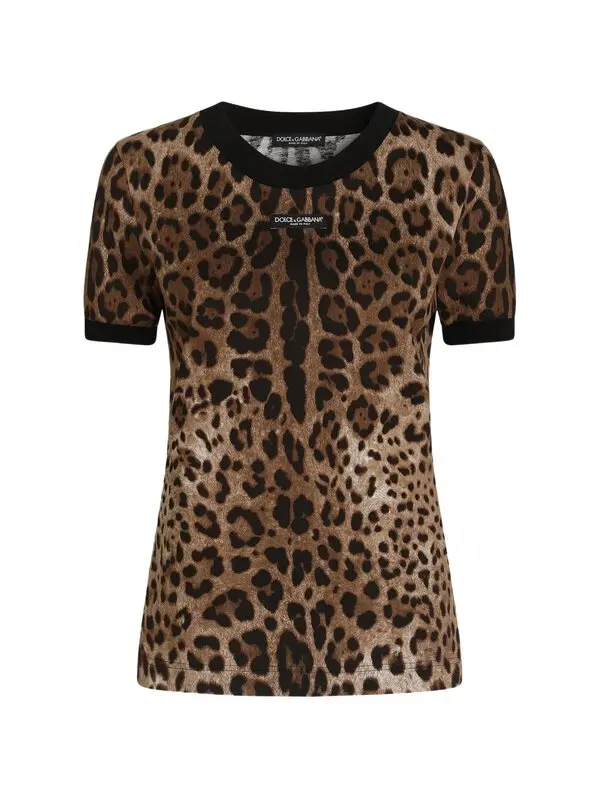 Dolce & Gabbana Cotton Leopard Print T-shirt With Contrast Details - Marrone