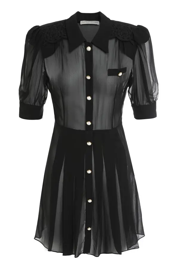 Alessandra Rich Mini Chemise Dress With Shirt Collar And Pleated Skirt - Black