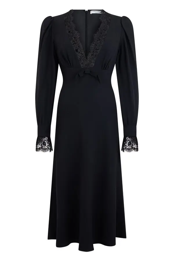 Alessandra Rich Elegant V-neck Midi Dress With Lace Detail For Spring/summer 2025 - Black