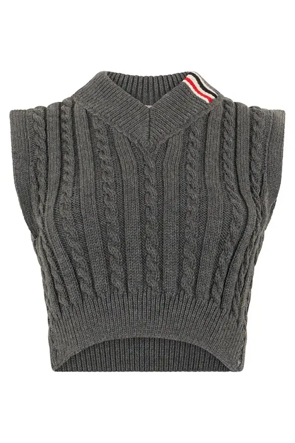 Thom Browne Woven Virgin Wool Mini Vest With Vertical Ribbing And V-neckline