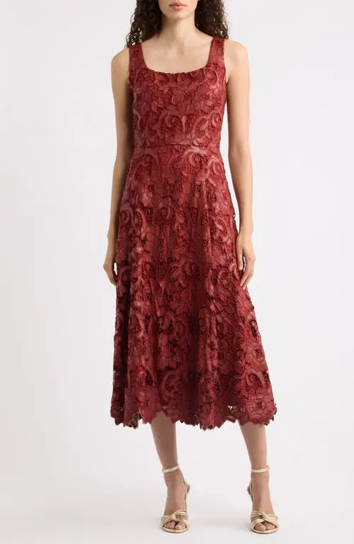 Elie Tahari Chayanne Faux Leather Floral Lace Midi Dress - Toasted Saffron
