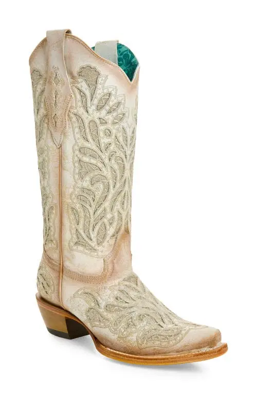 CORRAL Glitter Embroidered Cowboy Boot - White