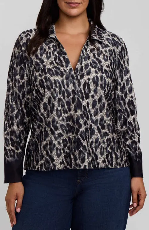 Foxcroft Talia Cheetah Print Crepe Knit Long Sleeve Polo - Black/multi