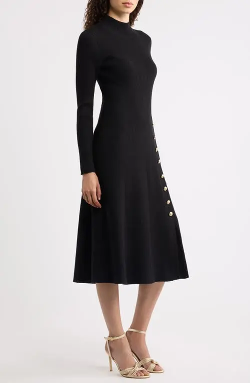 Elie Tahari Adhara Ribbed Mock Neck Long Sleeve Sweater Dress With Button Detail