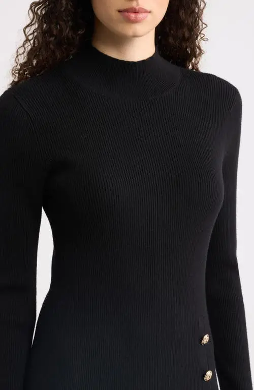Elie Tahari Adhara Ribbed Mock Neck Long Sleeve Sweater Dress With Button Detail