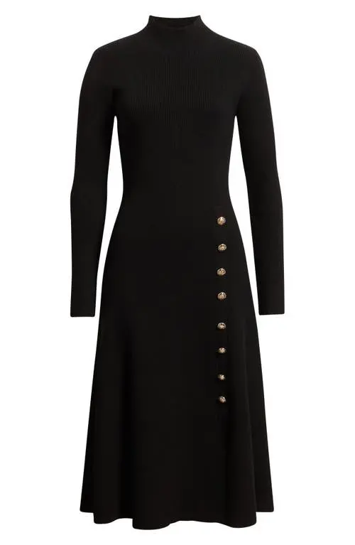 Elie Tahari Adhara Ribbed Mock Neck Long Sleeve Sweater Dress With Button Detail