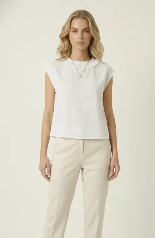 MODENAIRE Sleeveless Blouse With Pleated Neckline And Soft Drape - White