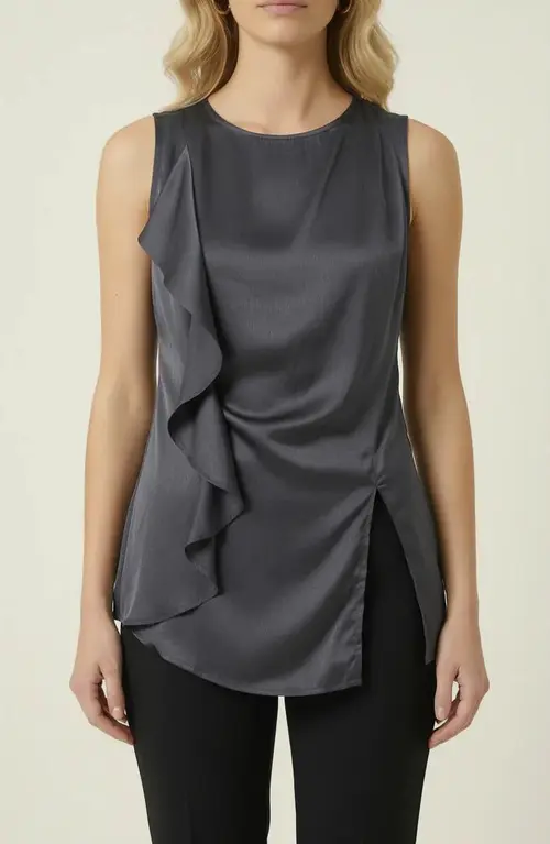MODENAIRE Sleeveless Asymmetric Ruffle Blouse - Charcoal Gray