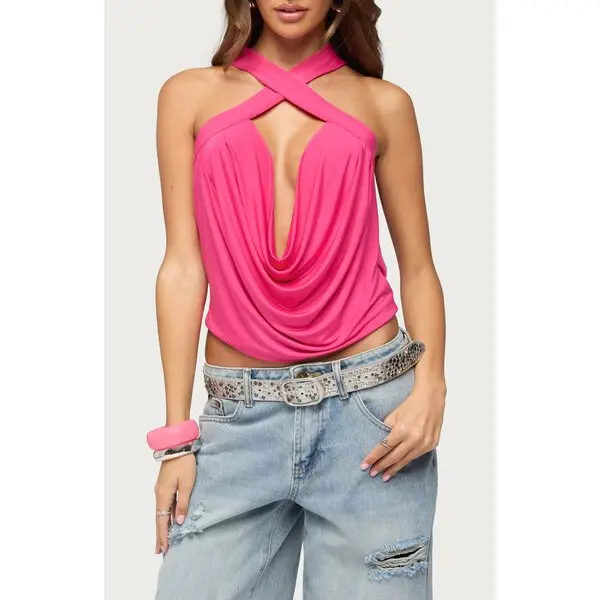 EDIKTED Maise Cowl Neck Open Back Top - Pink