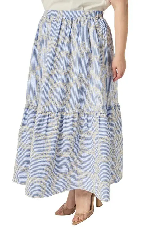 English Factory Embroidered Stripe Midi Skirt