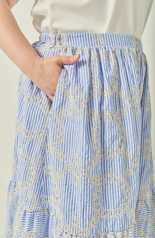 English Factory Embroidered Stripe Midi Skirt