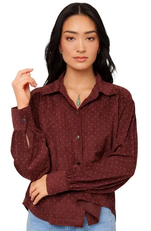 Karen Kane Embellished Faux Suede Balloon Sleeve Shirt - Wine