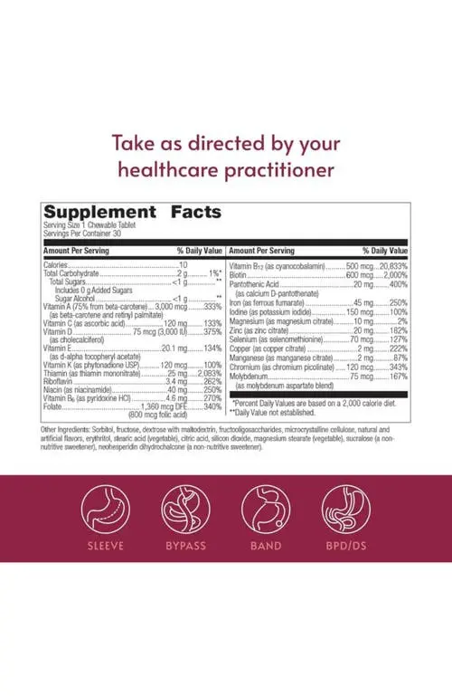 BARIATRIC ADVANTAGE Chewable Ultra Solo Iron Once Daily Multivitamin Supplement 30 Tablets