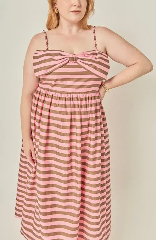 English Factory Striped Cotton Midi Dress With Bow Detail - Pink/brown