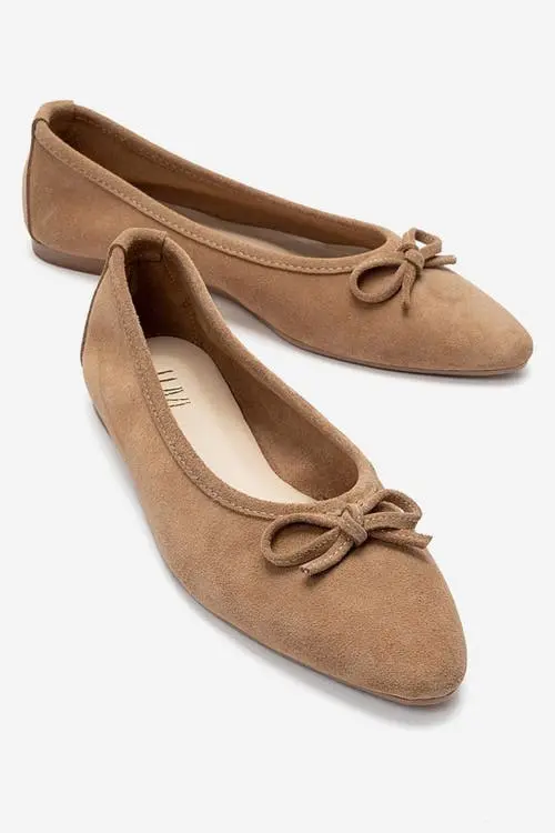FOREVER & ALWAYS SHOES Umiel Leather Bow Ballet Flat - Cognac Suede