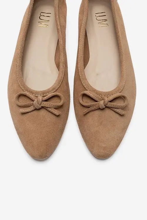 FOREVER & ALWAYS SHOES Umiel Leather Bow Ballet Flat - Cognac Suede