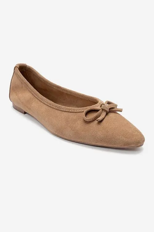 FOREVER & ALWAYS SHOES Umiel Leather Bow Ballet Flat - Cognac Suede