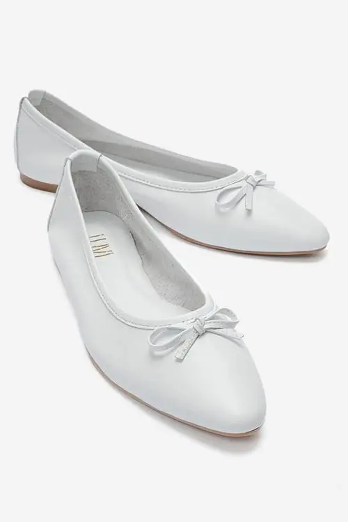 FOREVER & ALWAYS SHOES Leather Bow Ballet Flats - White