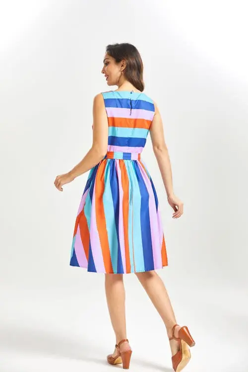 MODCLOTH Striped Fit And Flare Dress With Belt And Pockets