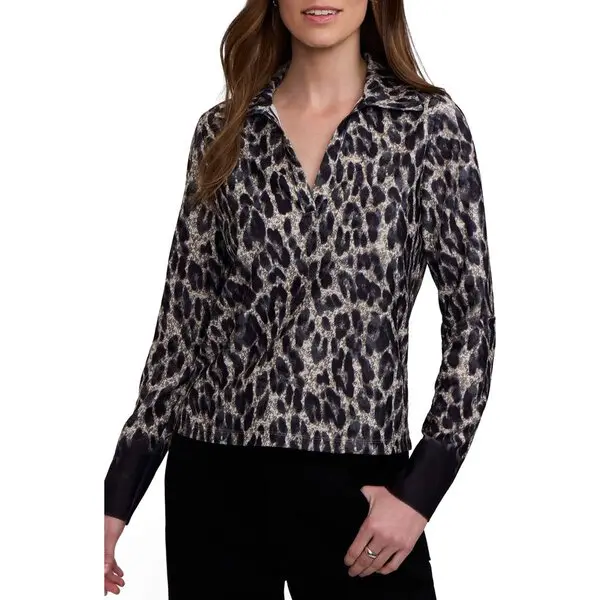 Foxcroft Talia Cheetah Print Crepe Knit Long Sleeve Polo - Black/multi