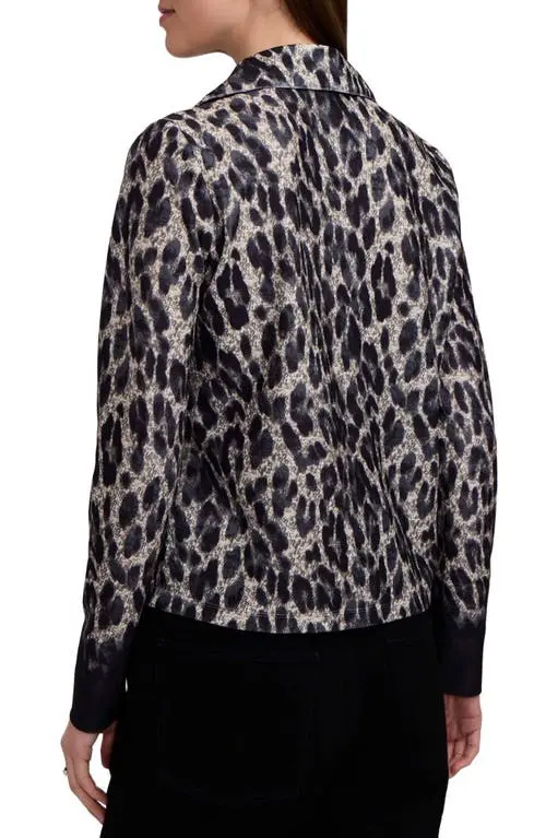 Foxcroft Talia Cheetah Print Crepe Knit Long Sleeve Polo