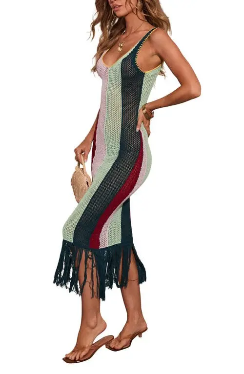 VICI Marion Stripe Open Stitch Fringe Midi Dress